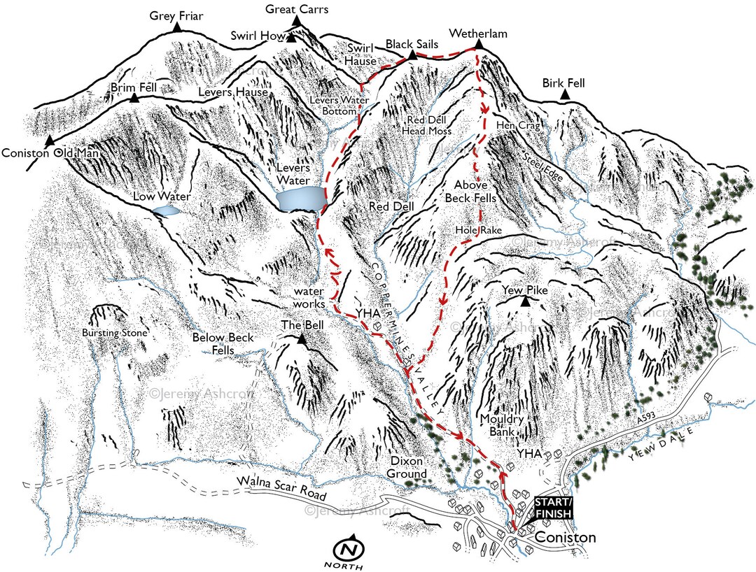 Wetherlam via Levers Water and Hole Rake, Lake District. Line ...