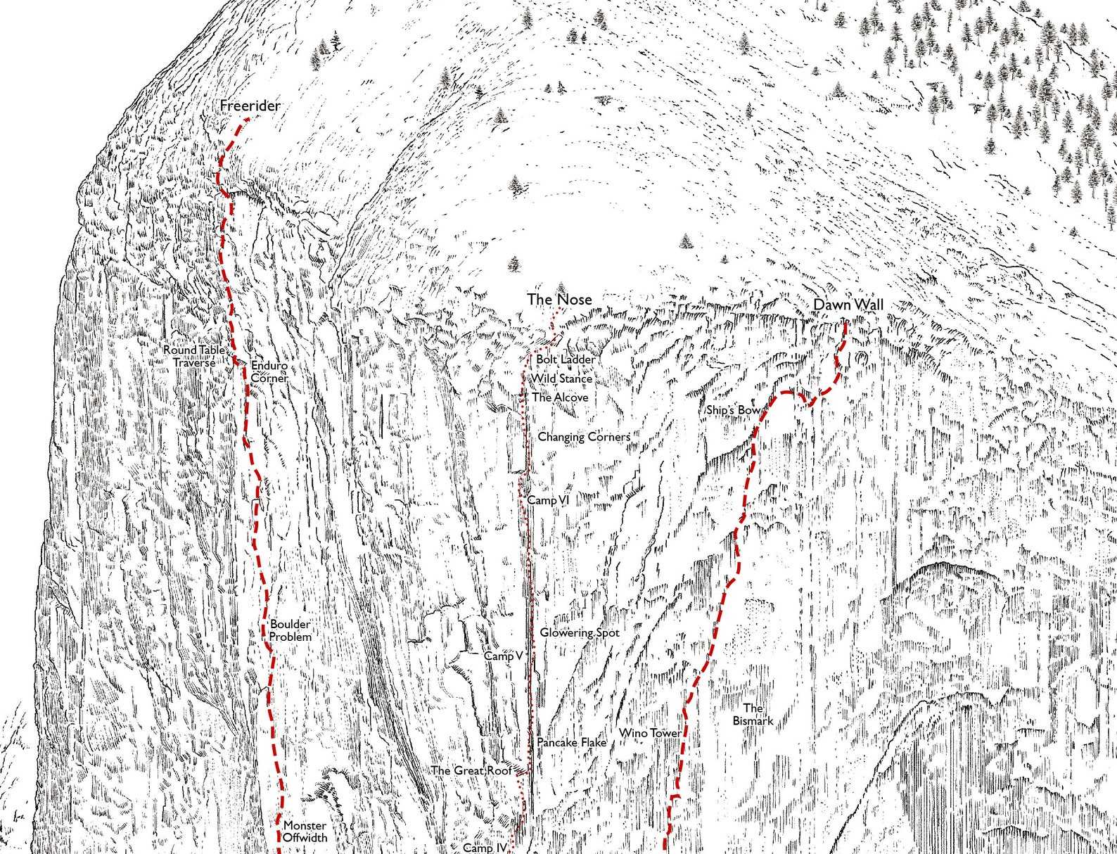 El Capitan Topo Illustration Detailing Freerider (free Solo Route) and ...