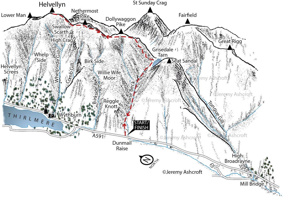 Helvellyn via Raise Beck From Dunmail Raise. Line Illustration Showing ...