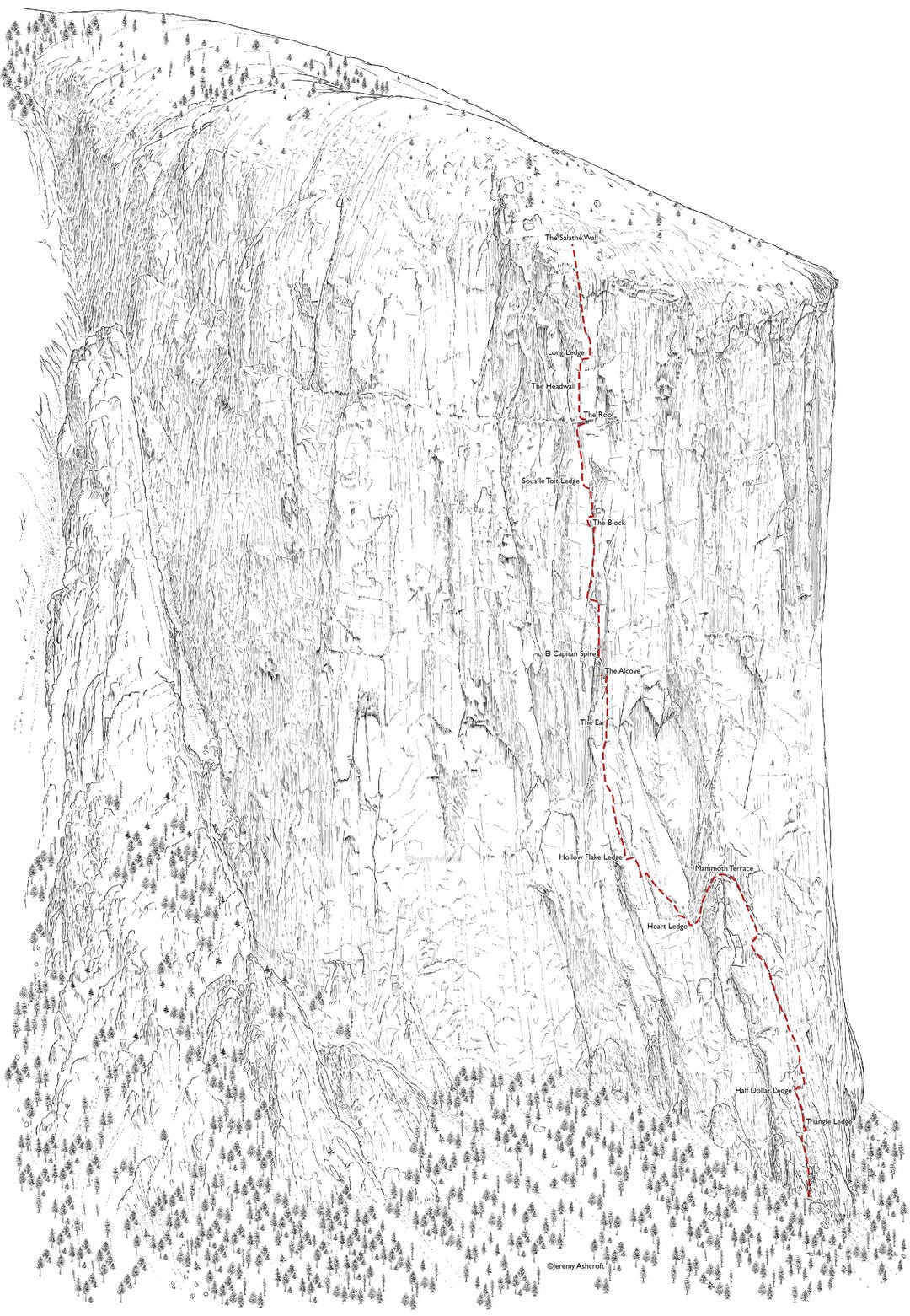 El Capitan Topo Illustration of the West Face Detailing the Salathé ...