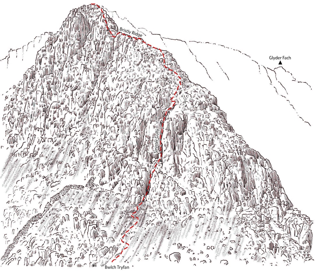 Bristly Ridge, Gyderau, Snowdonia. Line Illustration Detailing the ...