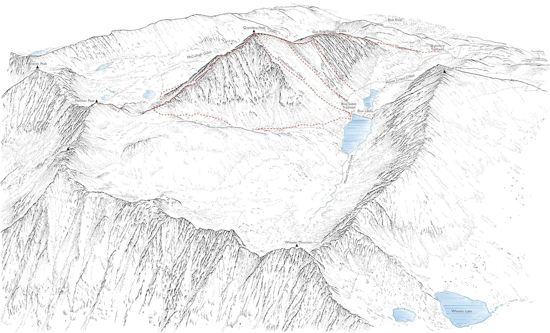 Quandary Peak Eastern View, Colorado, Line Illustration Detailing the ...