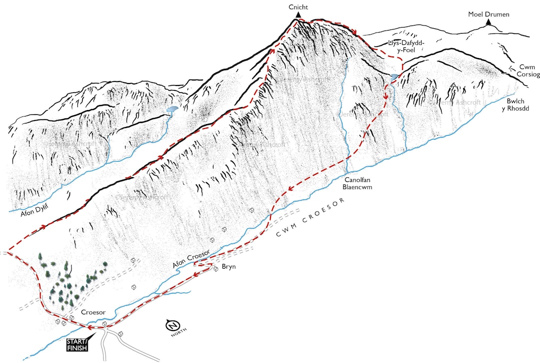 Cnicht and Cwm Croesor. Line Illustration Detailing the Classic Walk ...