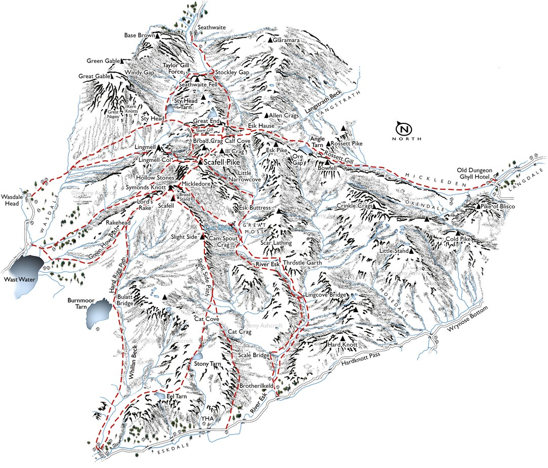 Scafell Pike and Scafell Overview Illustration Detailing All the ...