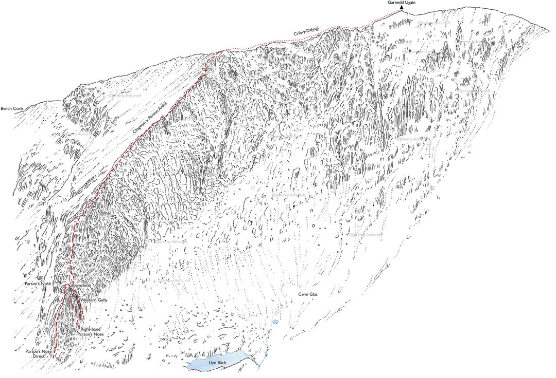 Clogwyn Y Person Arête, Snowdon. Line Illustration Detailing the ...