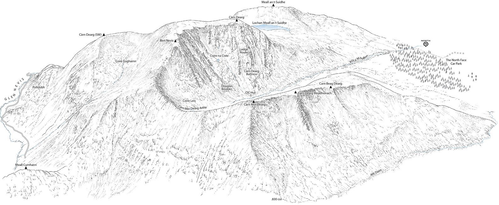 Ben Nevis North Face, Line Illustration Showing All the Classic ...