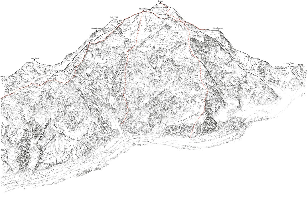Denali, Wickersham Wall, Alaska Range. Line Illustration Showing the ...