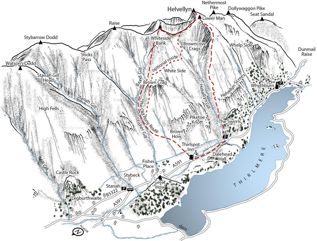Helvellyn via the Old Pony Route. Line Illustration Showing the ...