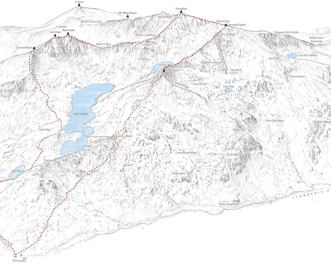 Snowdon Horseshoe. Line Illustration Detailing the Classic Route. - Etsy UK