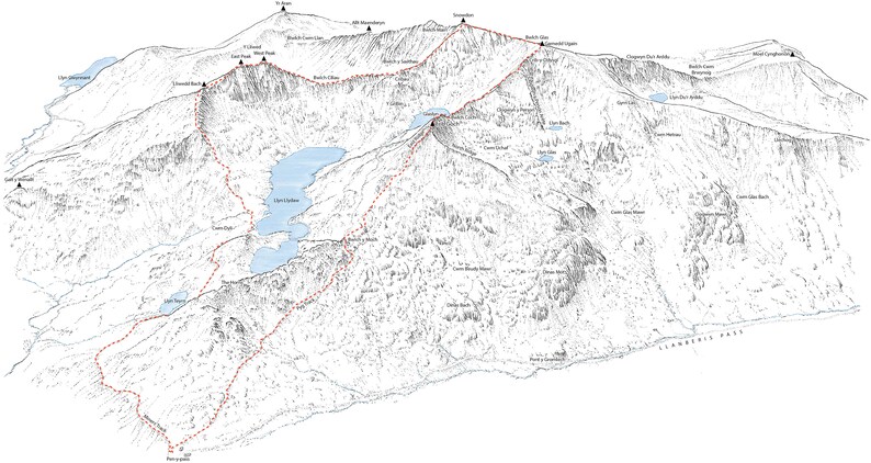 Snowdon Horseshoe. Line Illustration Detailing the Classic Route. - Etsy UK