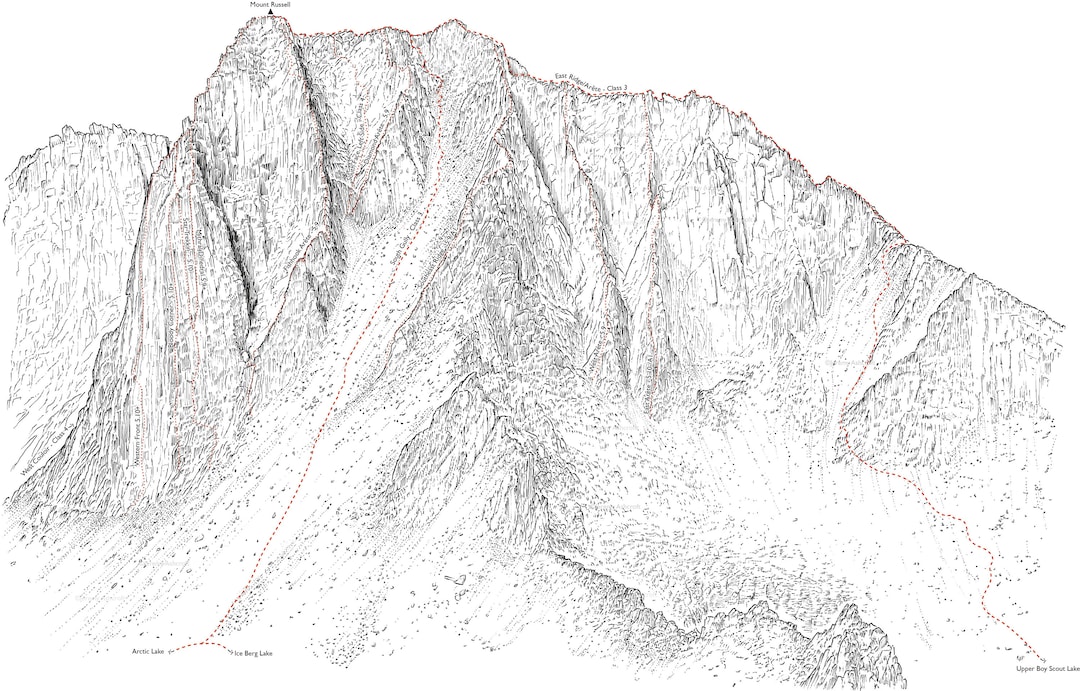 Mount Russell, South Face (14er). Line Illustration Detailing the Main ...