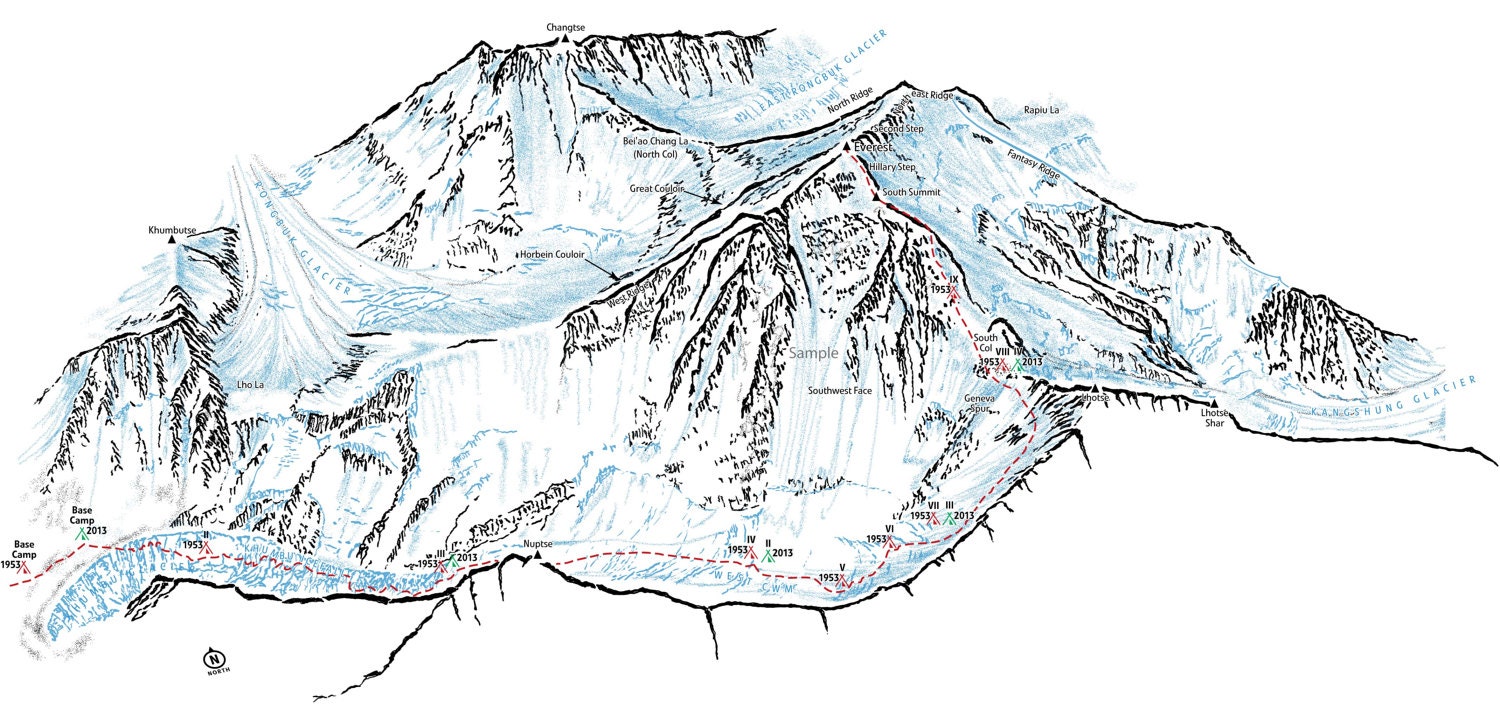 Mount Everest Showing the South Col Route. Line Illustration Showing ...