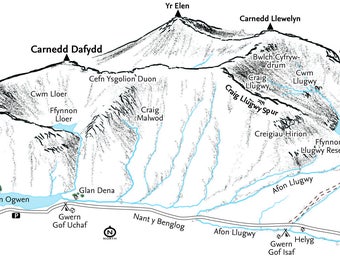 Carnedd Dafydd Pen Yr Ole Wen and Yr Elen. Line Illustration | Etsy UK