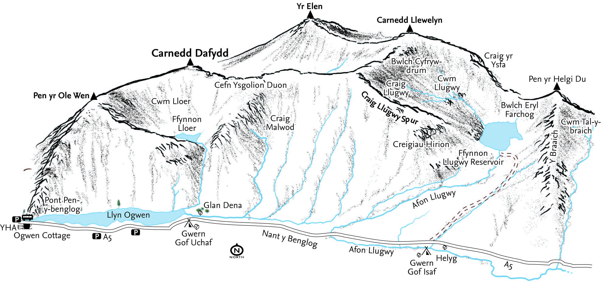 Carnedd Dafydd, Pen Yr Ole Wen. Line Illustration Detailing the ...