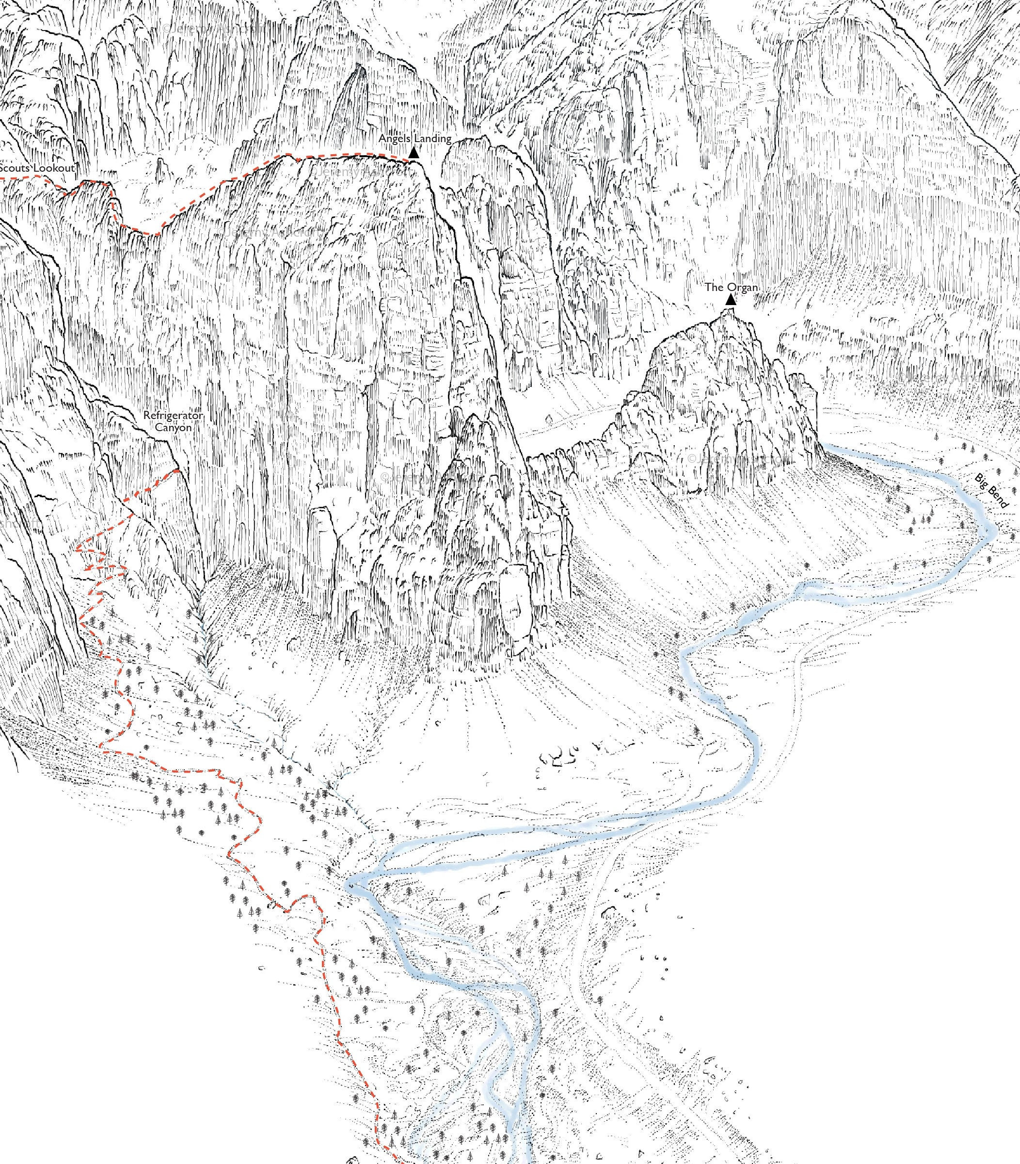 Angels Landing, Zion Canyon, Utah. Line Illustration Detailing the ...