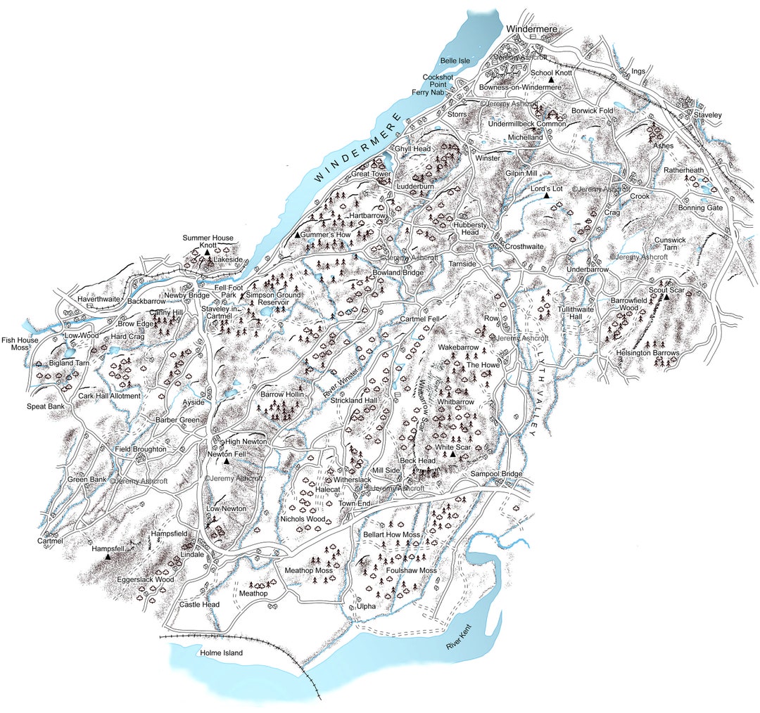 Windermere. Line Illustration Showing the All the Fells, Mountains and ...
