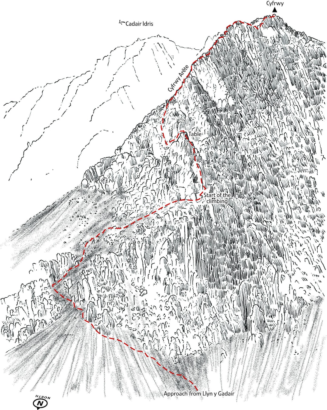 Cyfrwy Arete, Cadair Idris, Snowdonia, Line Illustration Showing the ...