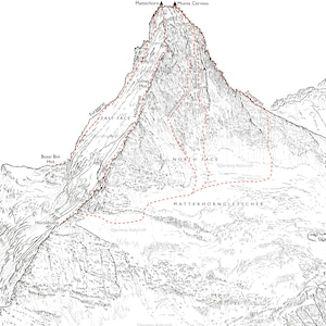Matterhorn - Monte Cervino Line Illustration, Detailing the Hörnli ...