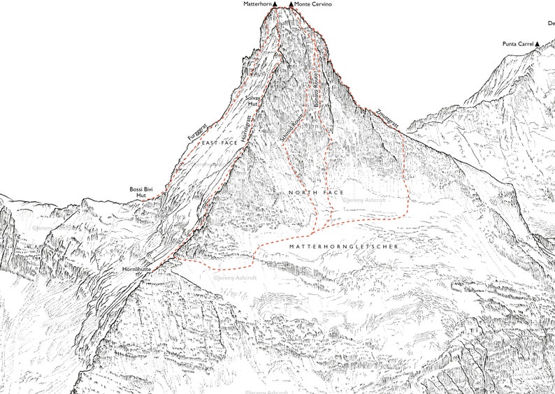 Matterhorn - Monte Cervino Line Illustration, Detailing the Hörnli ...