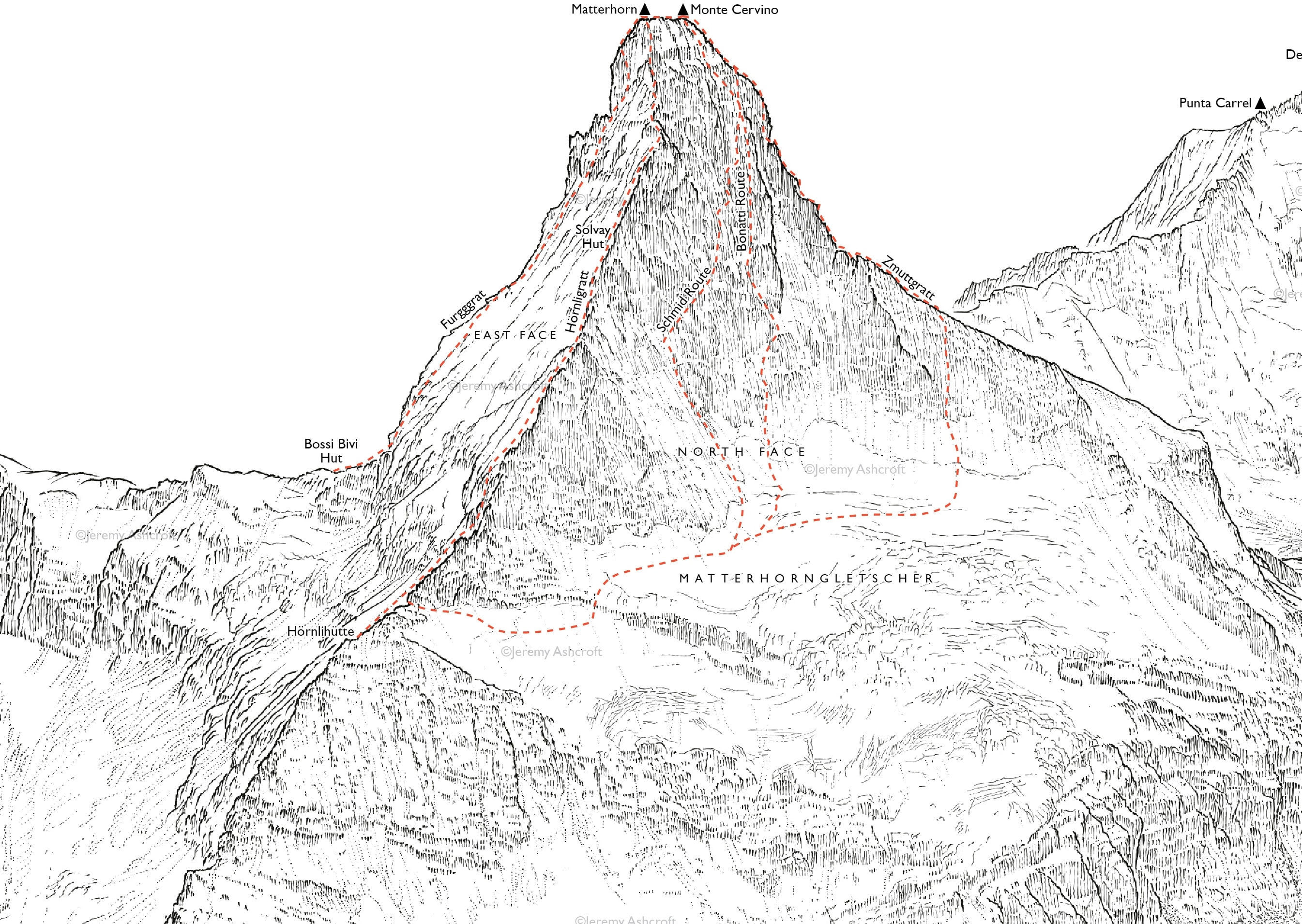 Matterhorn - Monte Cervino Line Illustration, Detailing the Hörnli ...