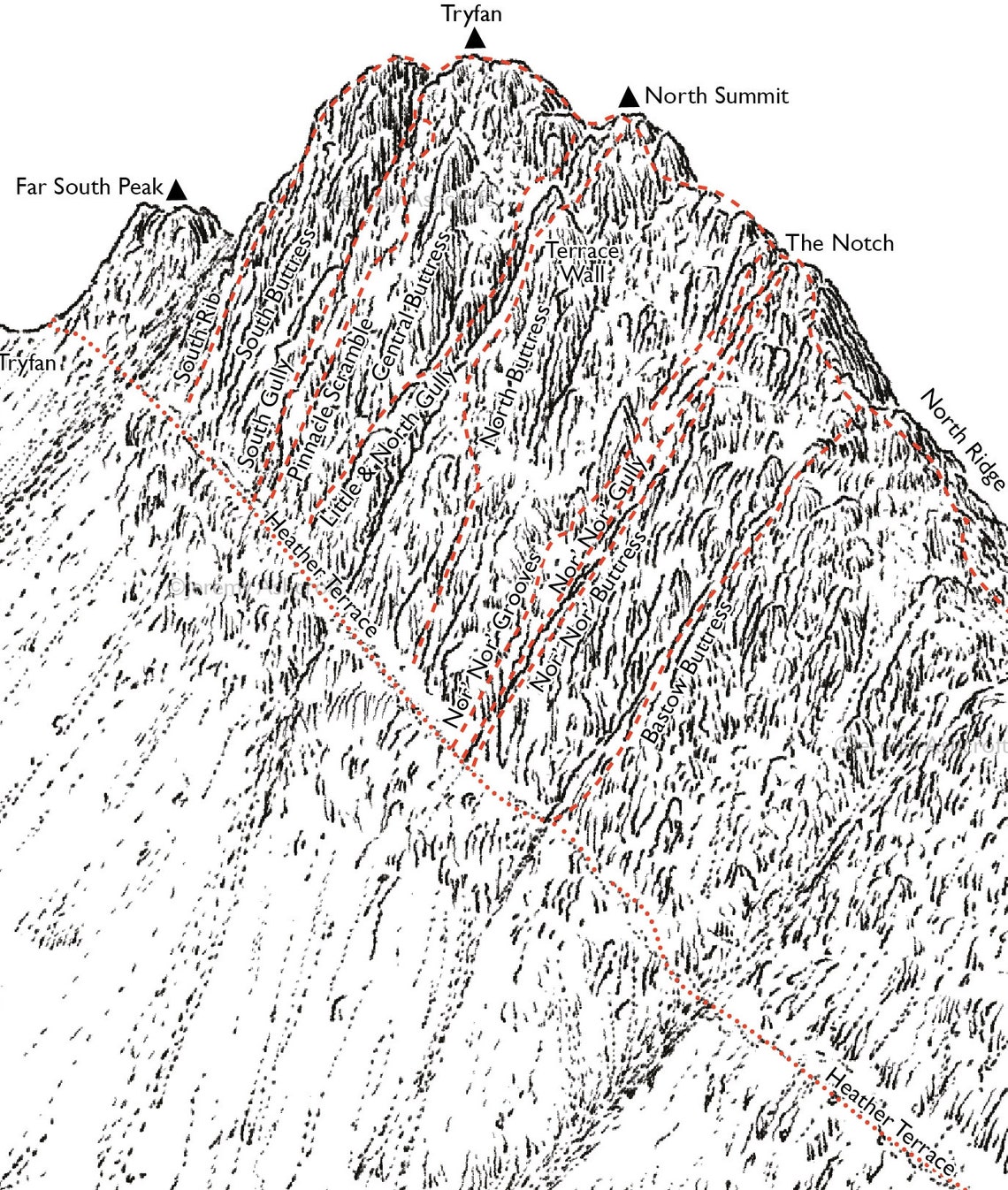 Tryfan East Face. Line Illustration Detailing All the Scrambling Routes ...