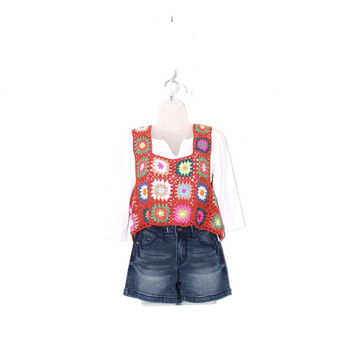 Vintage Y2K Crochet Granny Square Tank Top – Multicolor Boho Knit ...