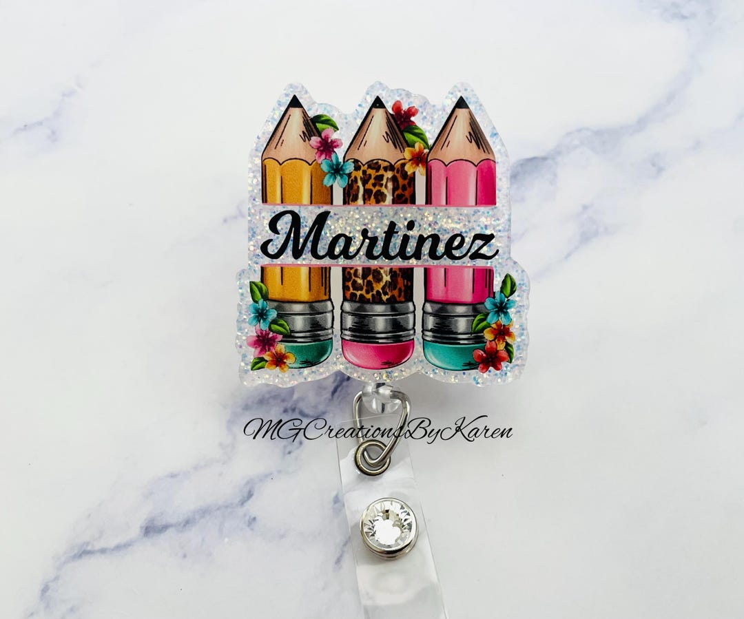 Glitter Pencil Badge Reel: Personalized Teacher ID Holder - Etsy
