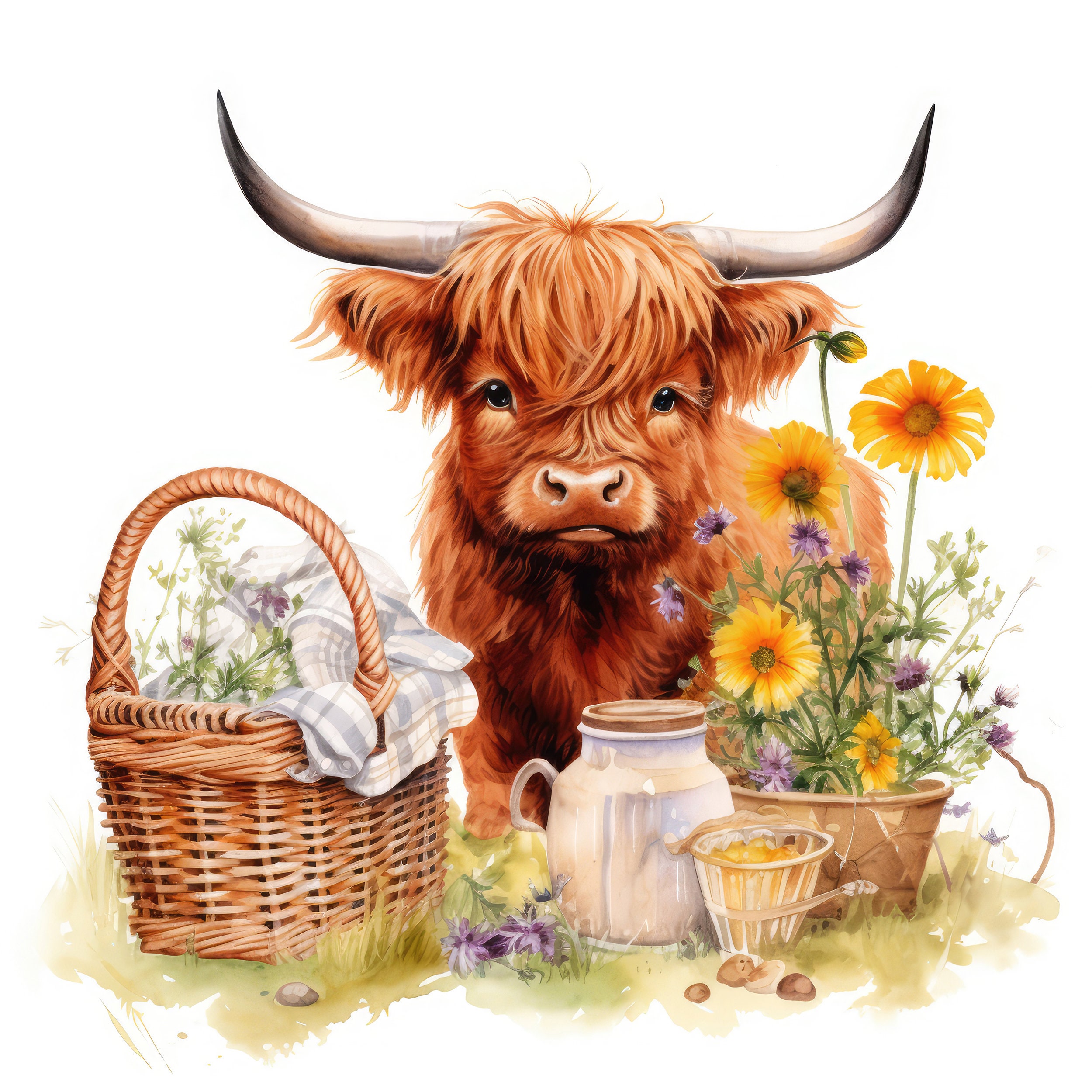 Cute Watercolor Highland Cow Clipart, 12 High Quality Jpgs, Highland ...