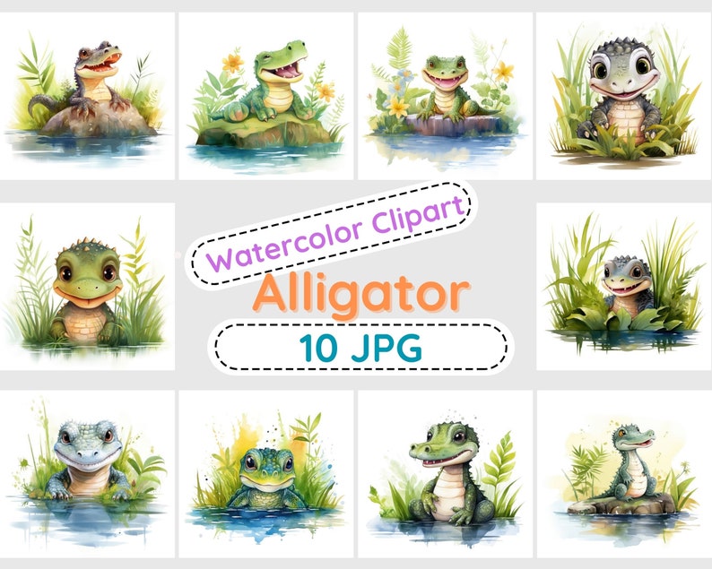 Cute Alligator Clipart, 10 High Quality Jpgs, Digital Crafting, Clipart ...