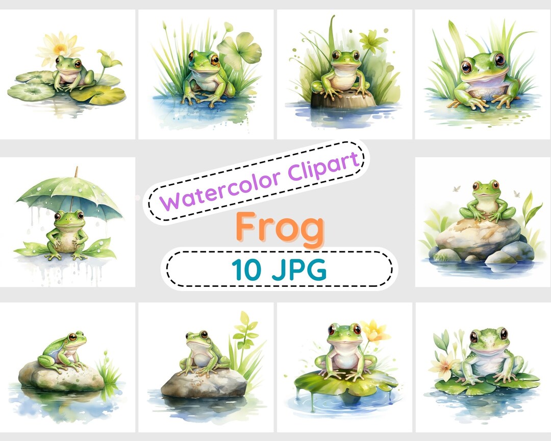 Cute Watercolor Frog Clipart, 10 High Quality Jpgs, Baby Shower Design ...