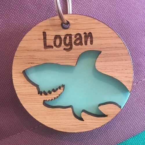 Shark Custom Name Bag Tag Engraved Wooden Personalised Keyring - Etsy