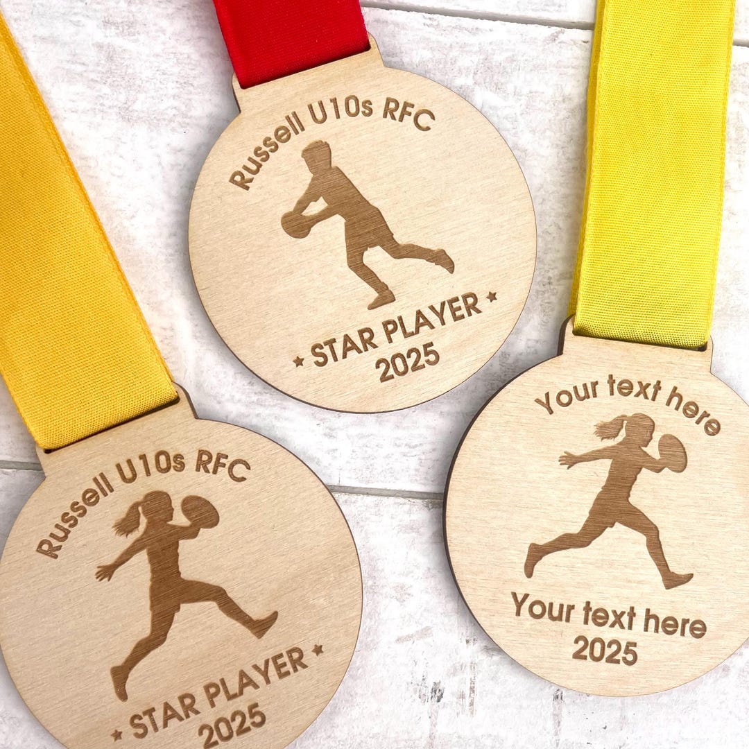 Wooden Personalised Rugby Medal, Custom Award for Sports Achievements ...