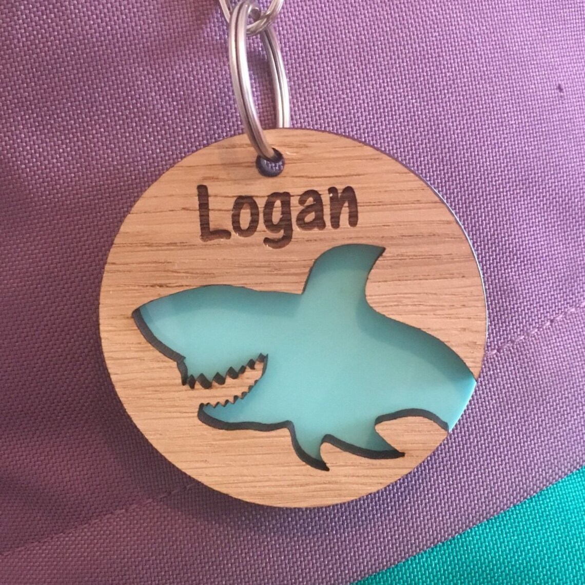 Shark Custom Name Bag Tag Engraved Wooden Personalised Keyring | Etsy