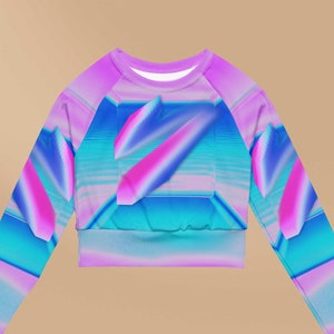 Neon Blue Pink Beach Crop Top Long Sleeve Surf Shirt Rave EDM Crop Top ...