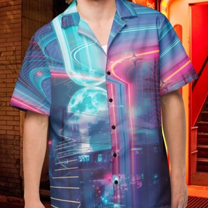 Cyberpunk Hawaiian Shirt Neon Vaporwave Button up Shirt Futuristic ...