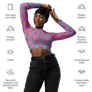 Checkered Long Sleeve Crop Top, Neon Pink Rave Crop Shirt, Retro EDM ...