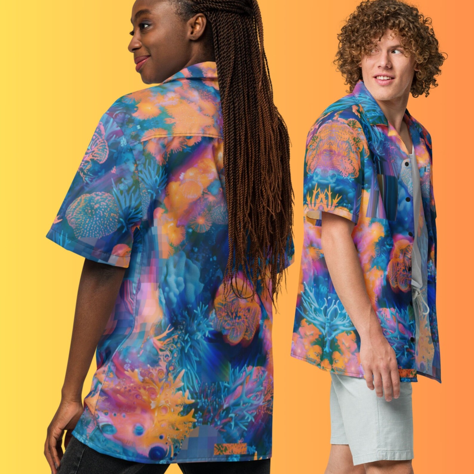 Sea Coral Hawaiian Shirt Beach Party Button up Shirt Blue Orange Floral ...