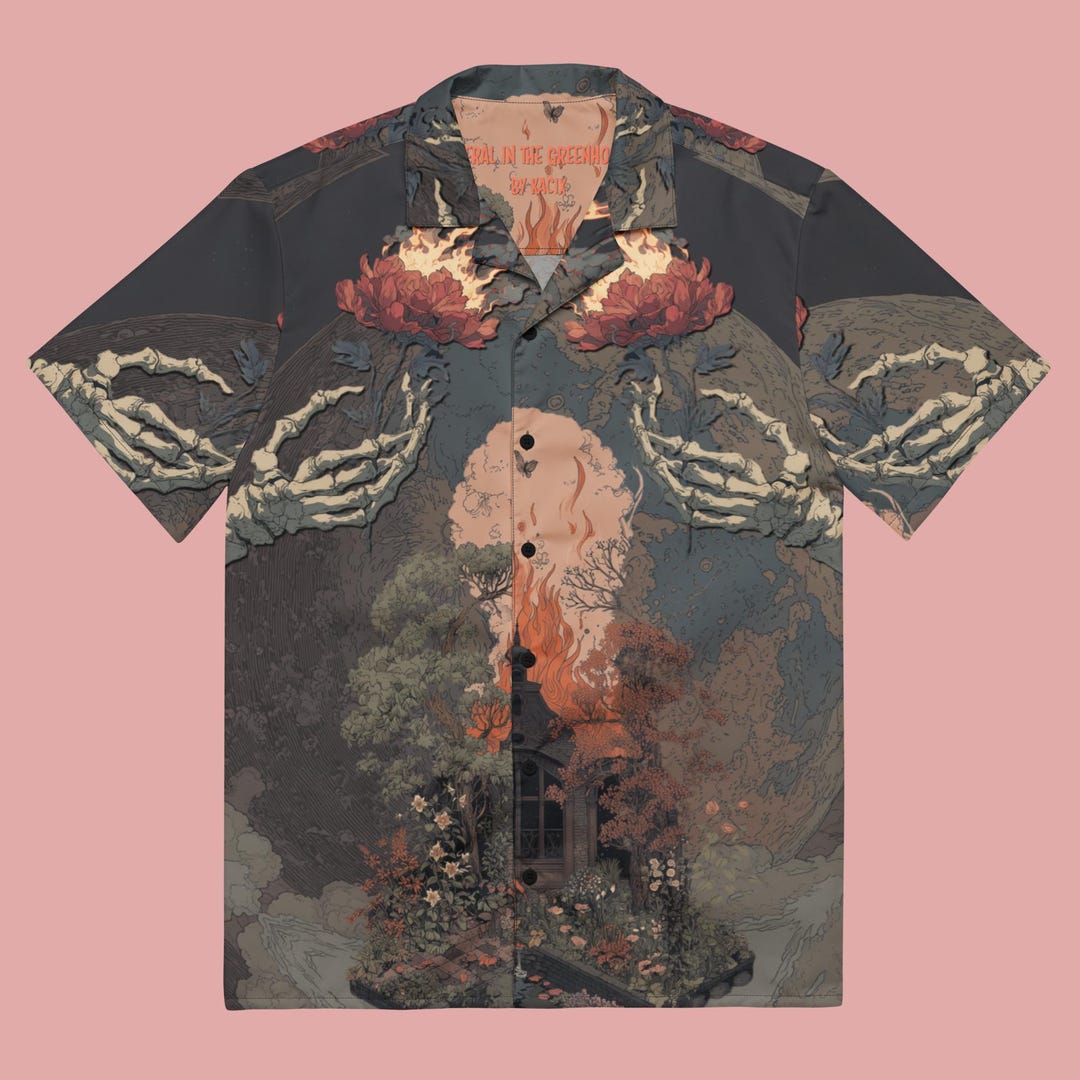 Burning Gothic Button-up Shirt: Haunted Garden Skeleton Oversized Top ...