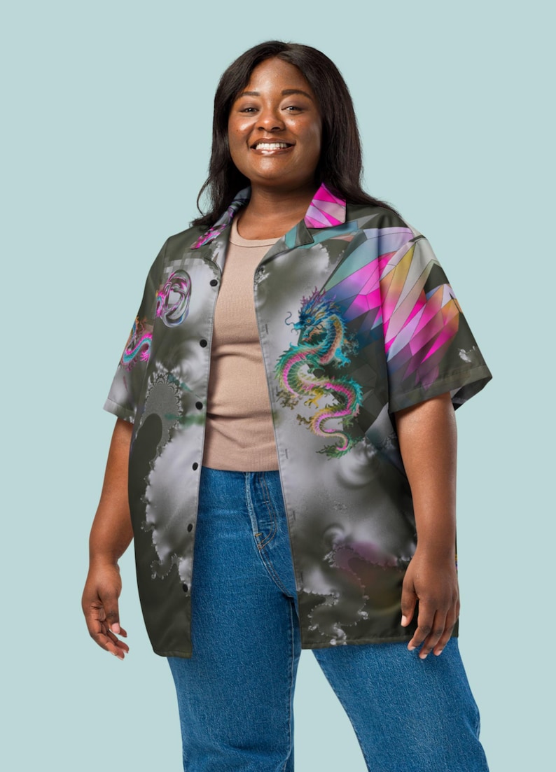 Fractal Dragon Rave Button up Shirt, Psychedelic Festival Camp Collar ...