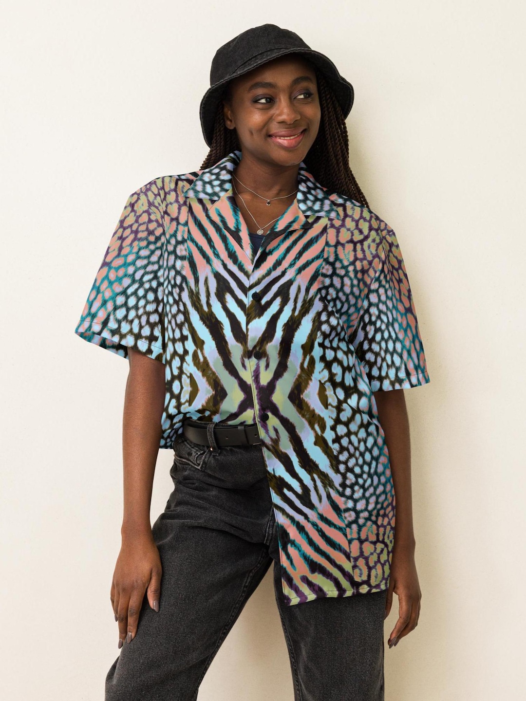 Trippy Jungle Hawaiian Shirt, Wild Animal Print Button up Shirt, Boho ...