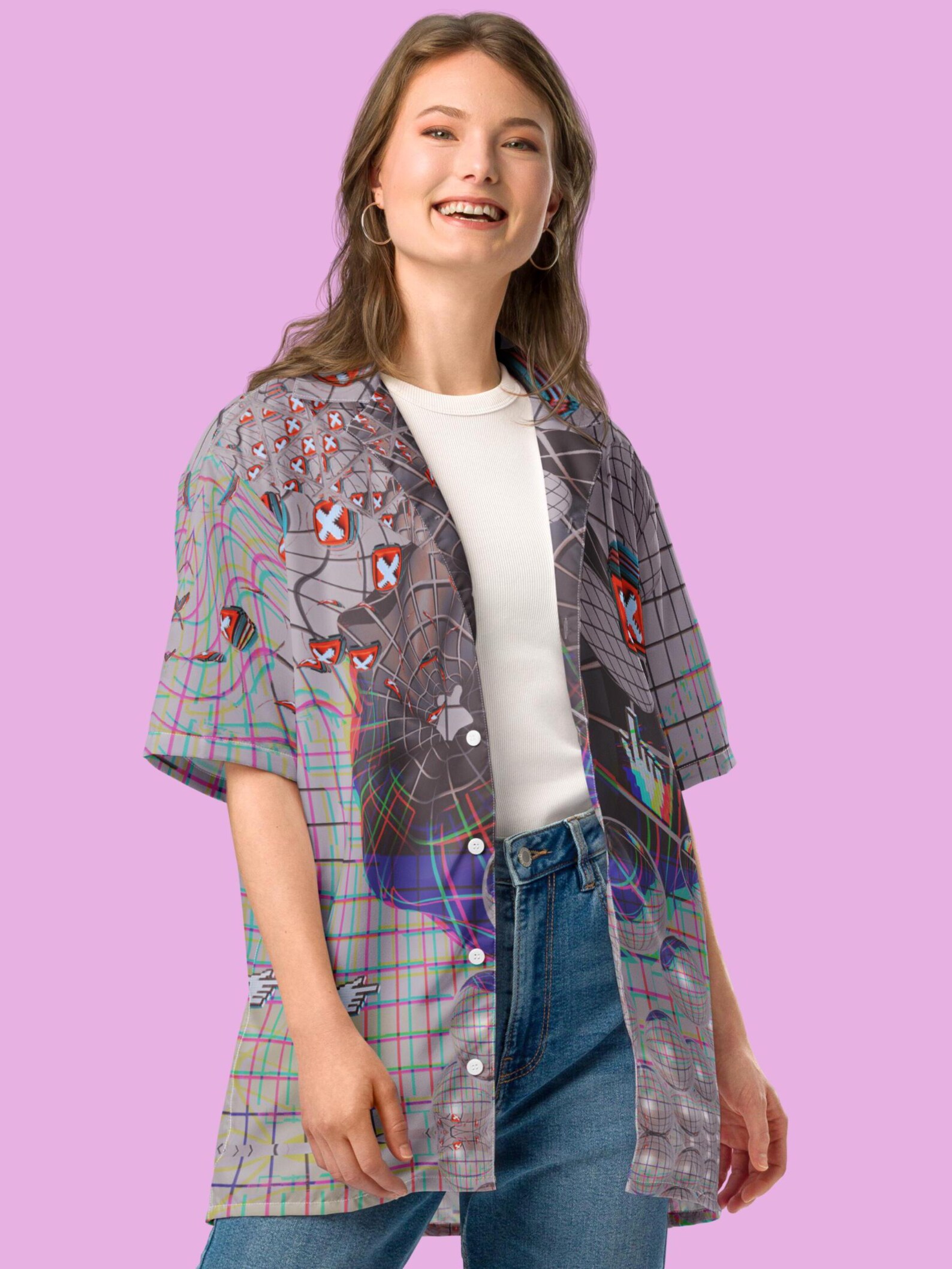 Trippy Webcore Button up Shirt, Frutiger Aero Graphic Streetwear, Funky ...