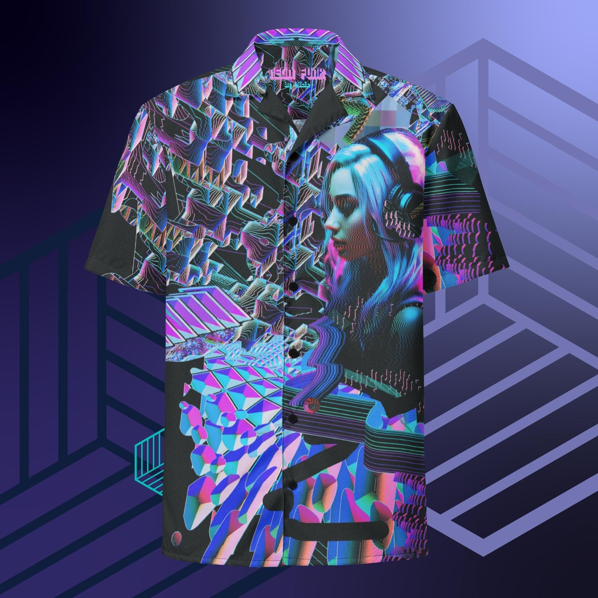 Cyberpunk DJ Button Down Shirt Neon Party Button up Shirt Rave Music ...