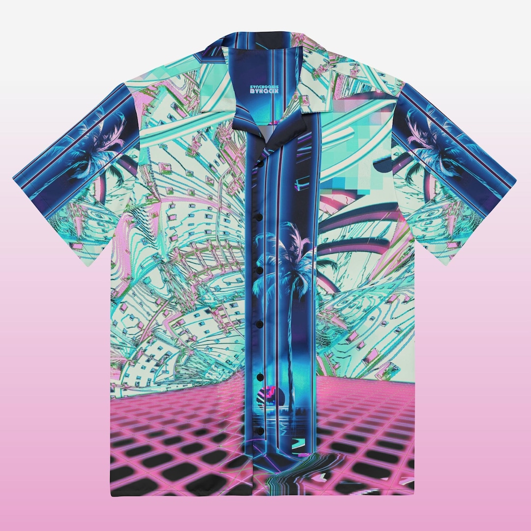 Retro Vaporwave Hawaiian Shirt Synthwave Button Down Shirt Neon Blue ...