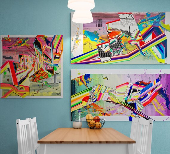 Modern Wall Decor Set of 3 Paintings Colorful Street Art | Etsy