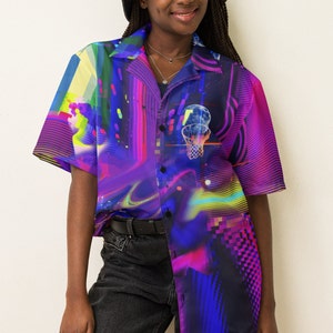 Synthwave EDM Neon Button up Shirt Cyber Techno Button Down Shirt ...
