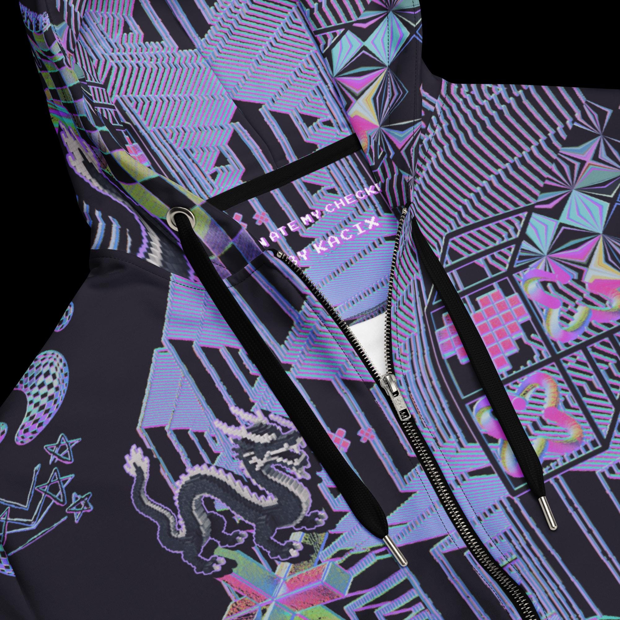 Glitchcore Dragon Zip up Hoodie, Rave Jacket, Trippy Y2K Techwear ...