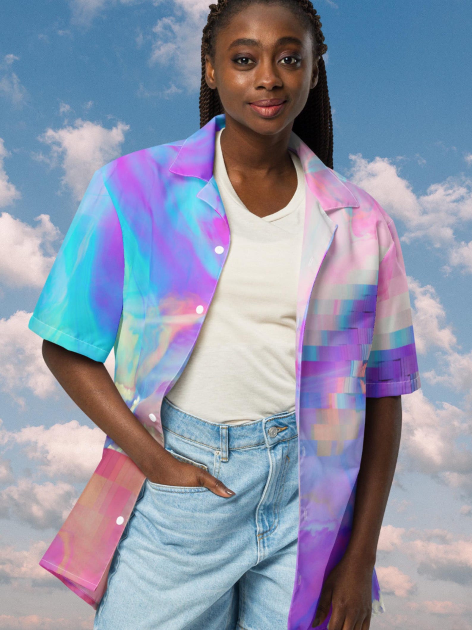 Dreamy Frutiger Aero Hawaiian Shirt, Trippy Clouds Button Down Shirt ...