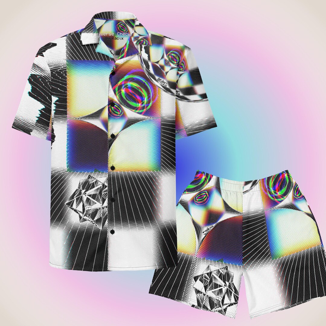 Edgy Retro Rave Button up Shirt and Shorts Set, Checkered 3d Illusion ...