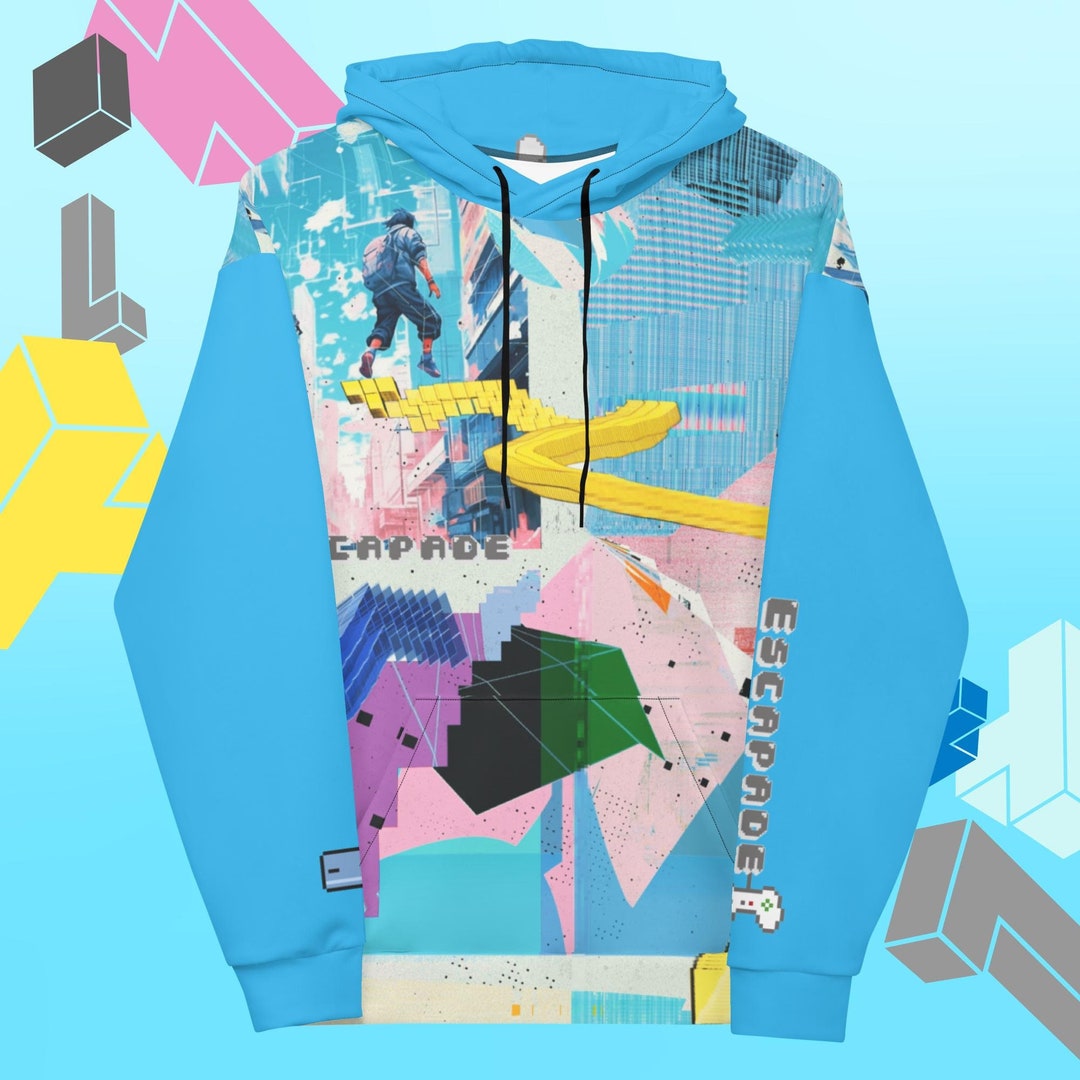 Glitchcore Gamer Blue Hoodie, Retro Aesthetic Hoodie, Hip Hop Rave ...