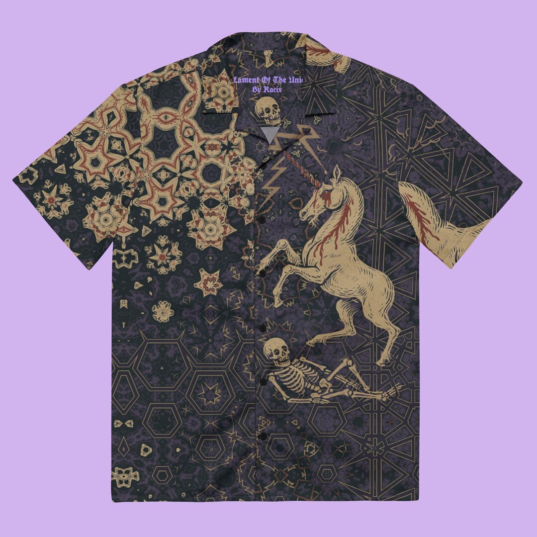 Medieval Unicorn Skeleton Button Down Shirt, Gothic Fantasy Button Up ...